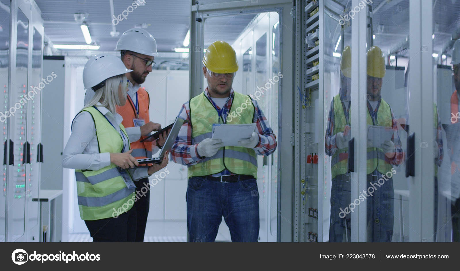 Three electrical workers reviewing documents Stock Photo by ...