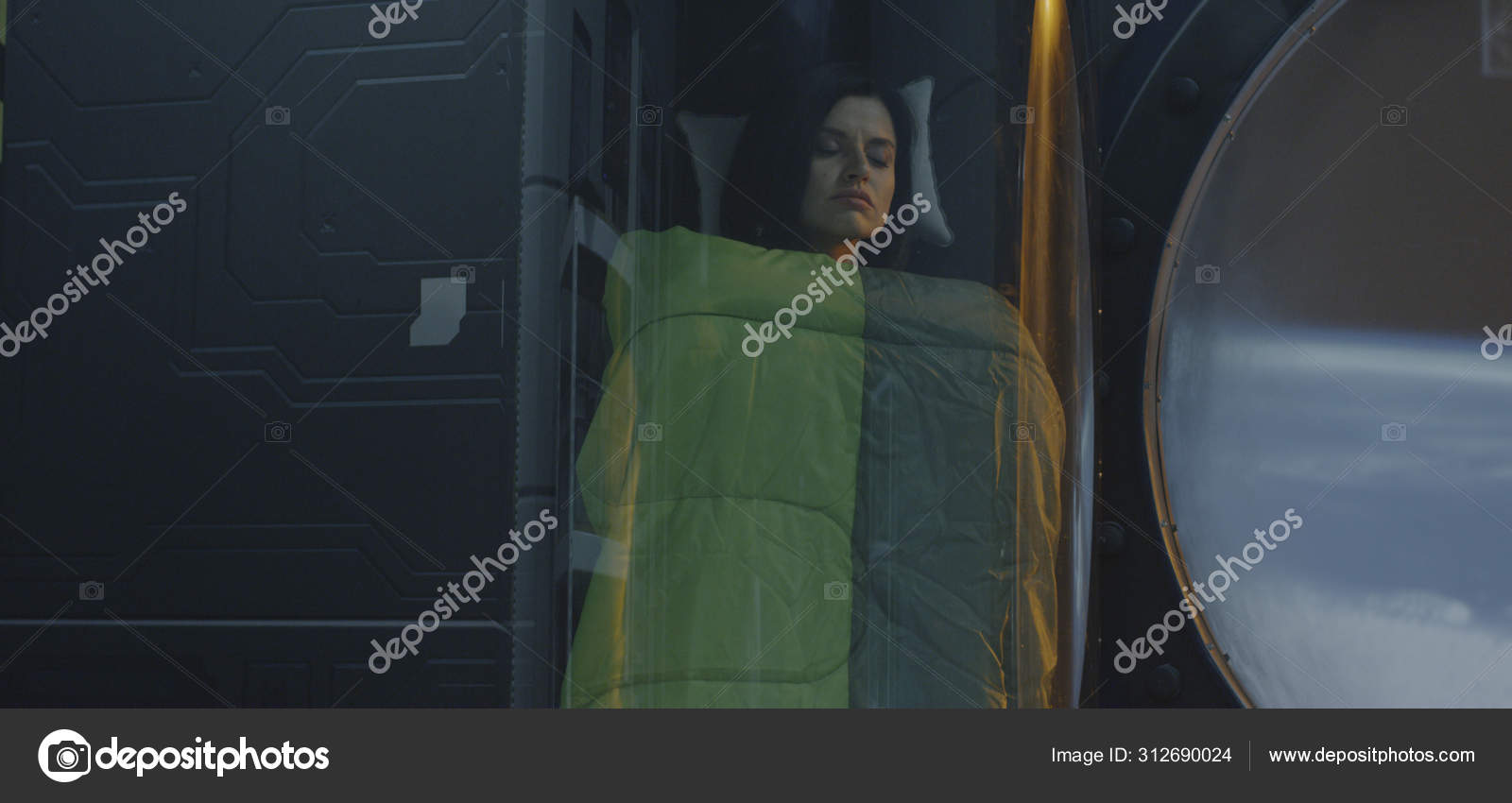 Female astronaut sleeping in a glass pod — Stock Photo ...