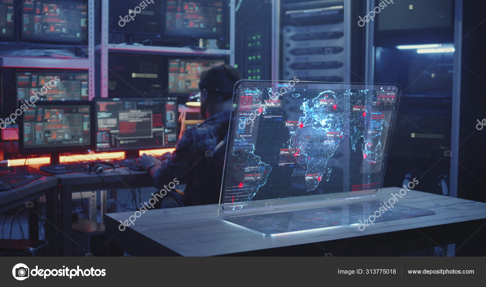 Hacker working with futuristic display screen — Stock Photo ...