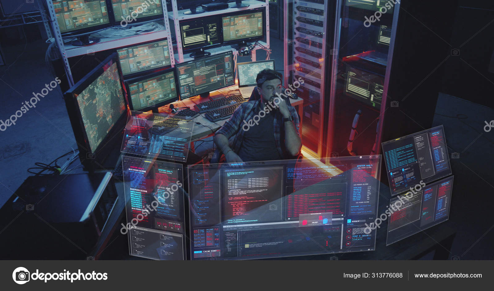 Hacker watching holographic display screens Stock Photo by ...