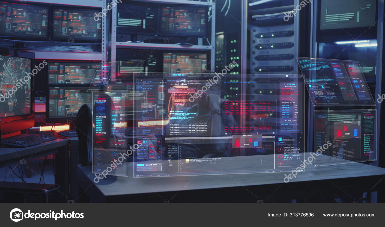 Hacker watching holographic display screens Stock Photo by ...