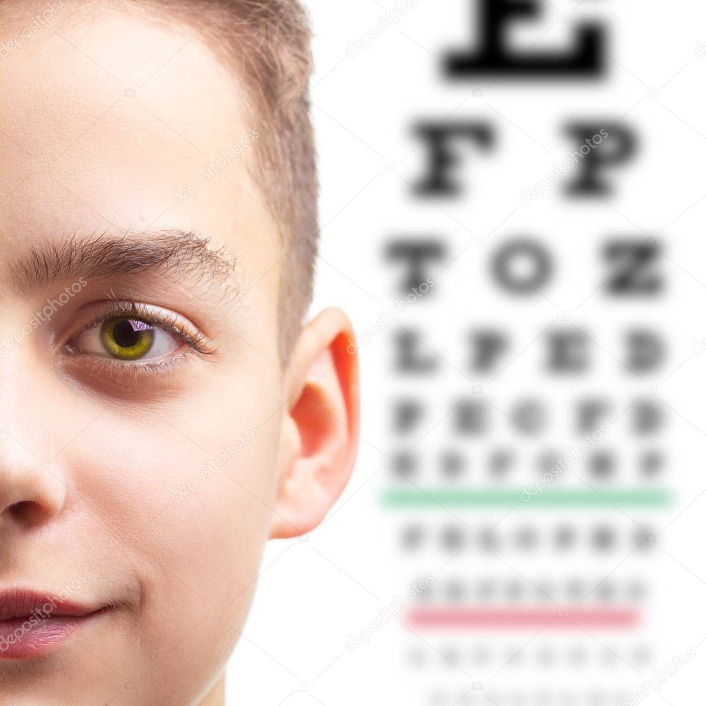 Examen oftalmológico de la vista y salud de la visión, cara de la ...