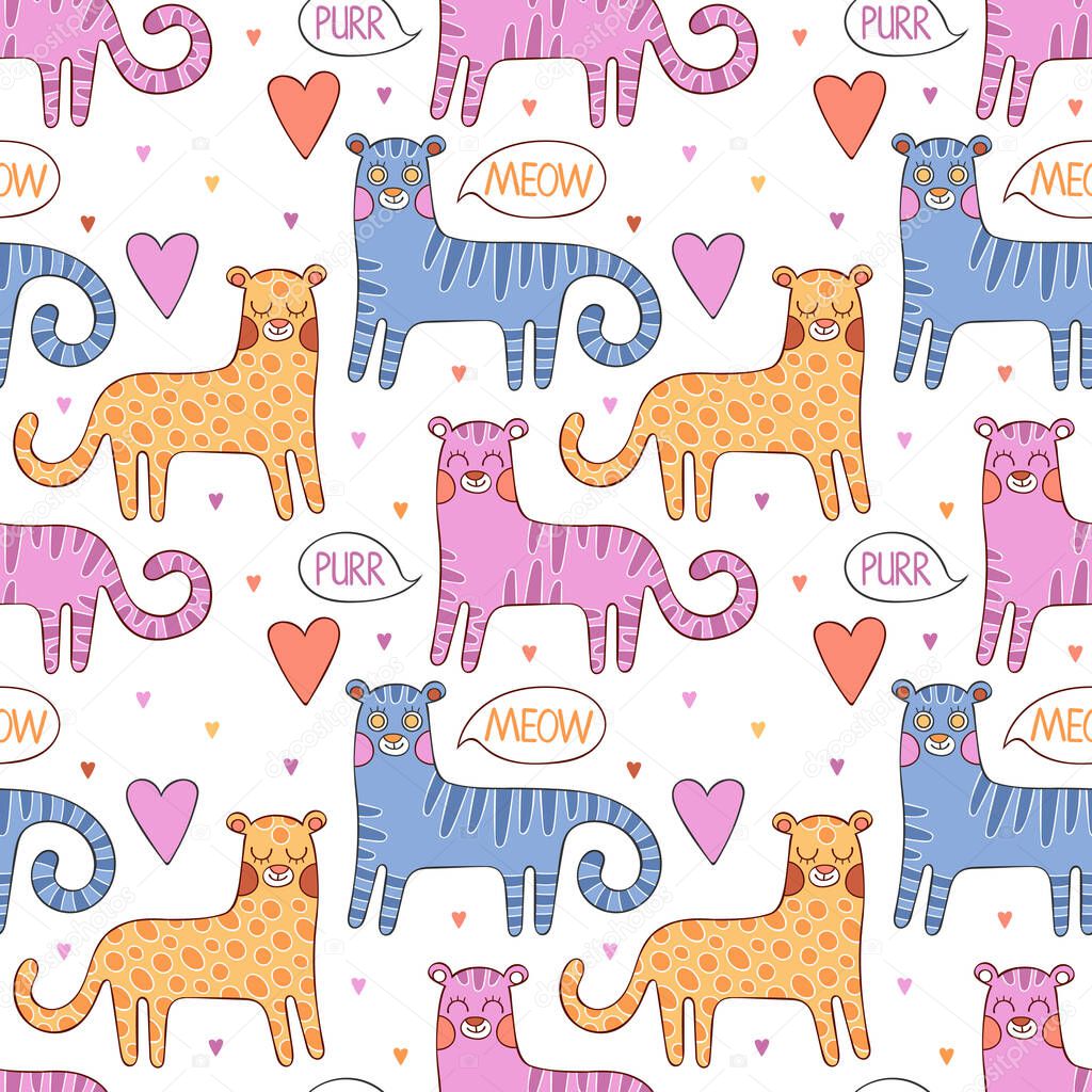Gatos salvajes. Leopardo y tigre. Impresi n animal de dibujos animados. Patr n de vector sin ...