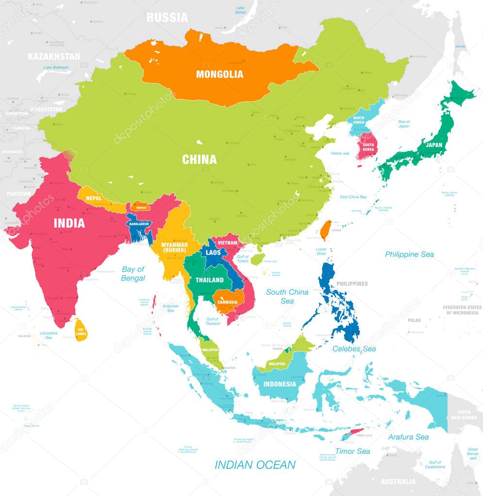 Vector Map East Asia Continent Countries Capitals Main Cities Seas ...