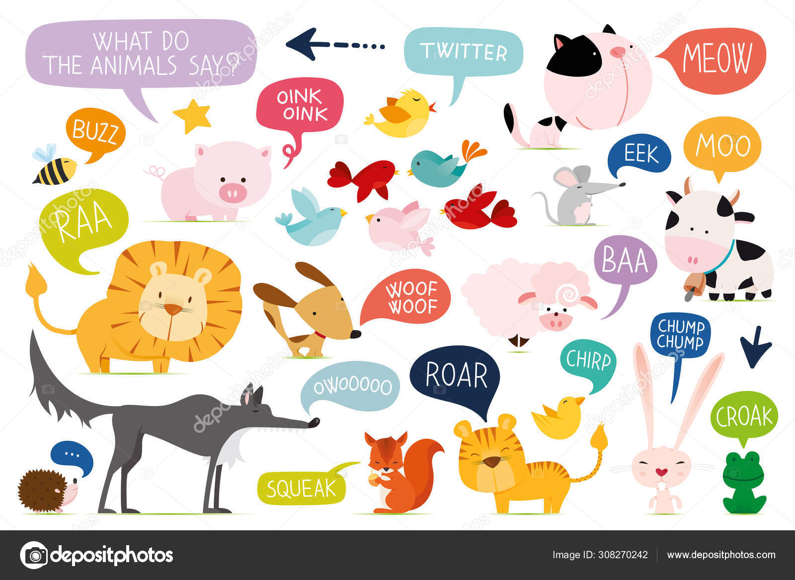 Vector set of cute cartoon animals. What do the animals say. Stock ...