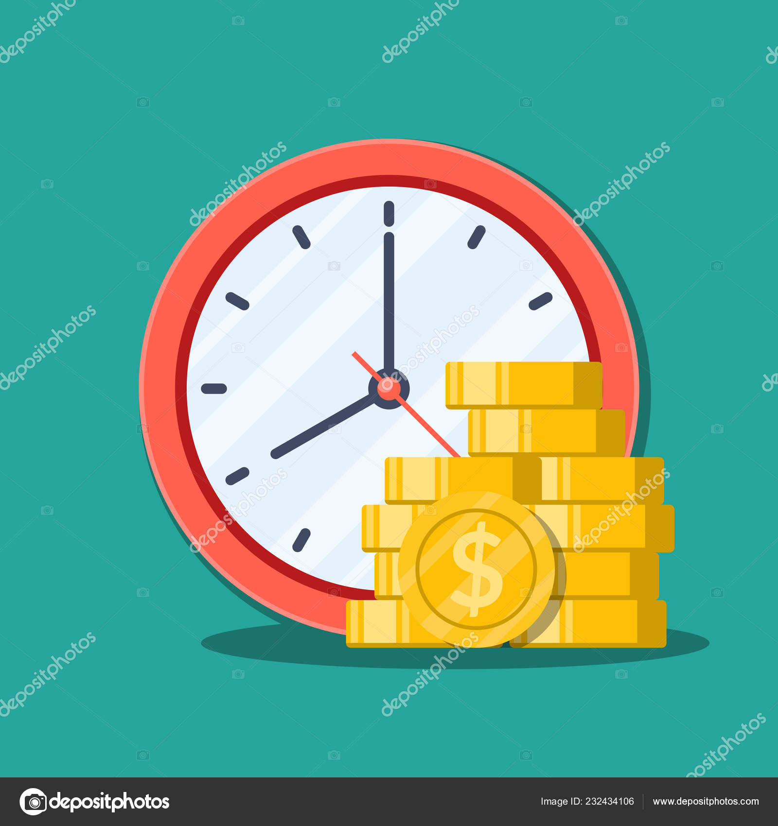 Time is money concept. Office clock and Money. Flat Vector Illustration ...