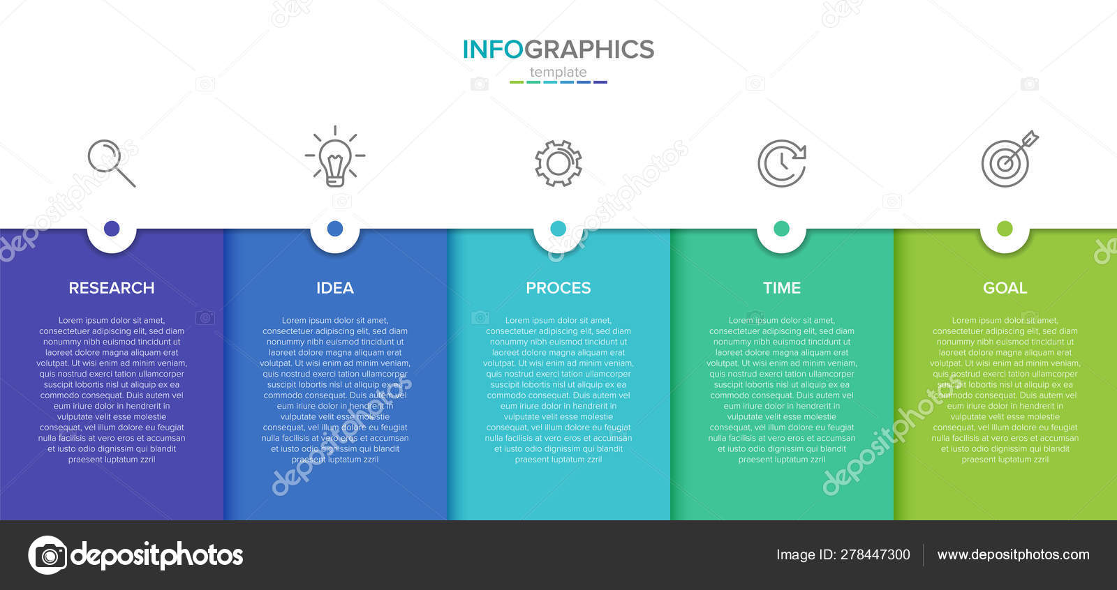 Concept of arrow business model with 5 successive steps. Five colorful ...