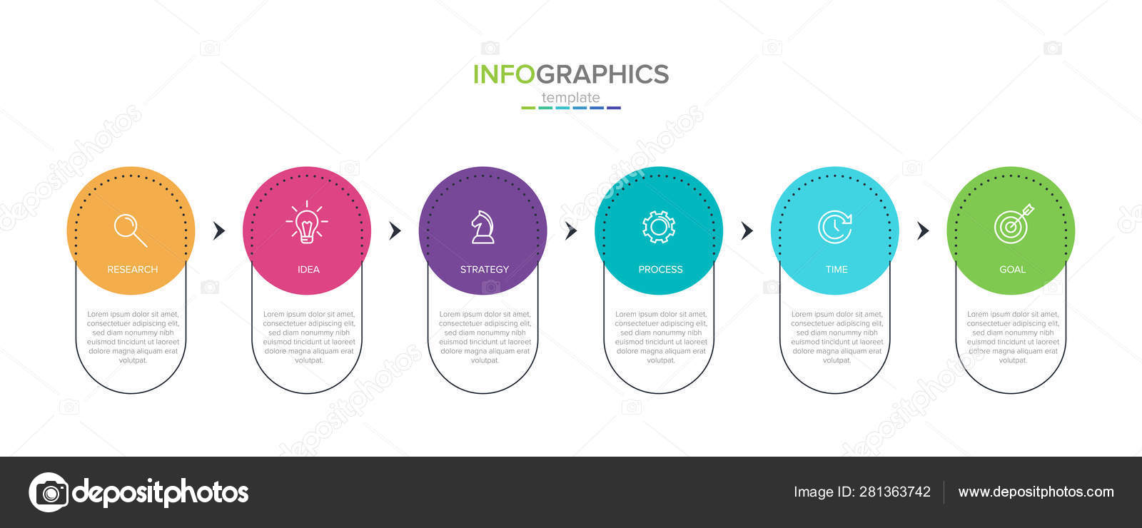 Concept of arrow business model with 6 successive steps. Six colorful ...