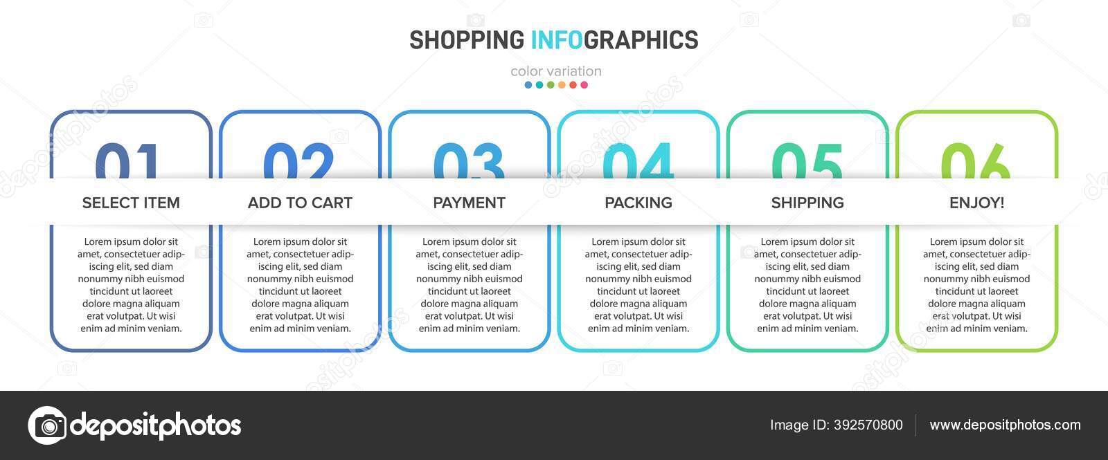 Concept of shopping process with 6 successive steps. Six colorful ...