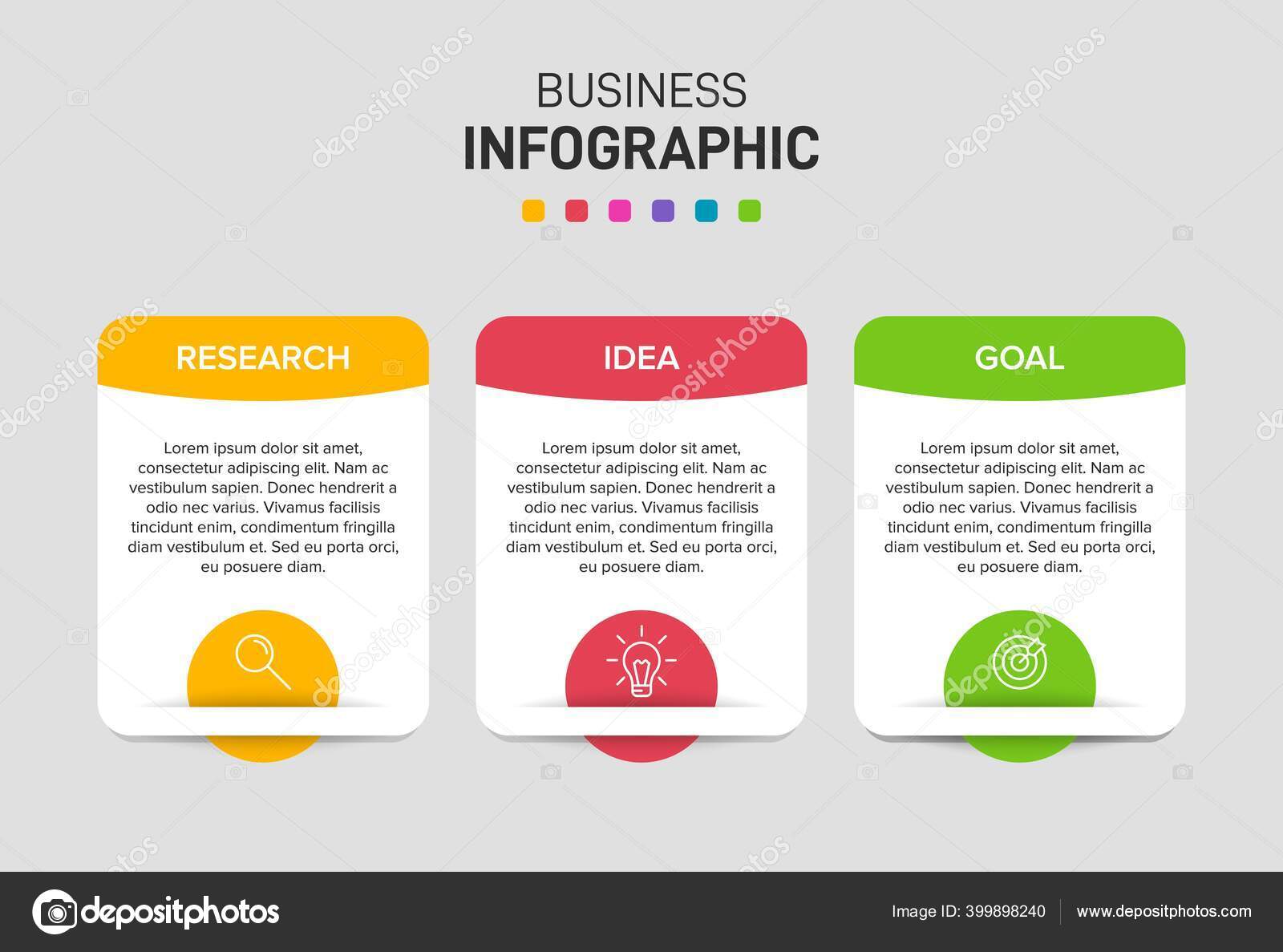 Concept of arrow business model with 3 successive steps. Three colorful ...