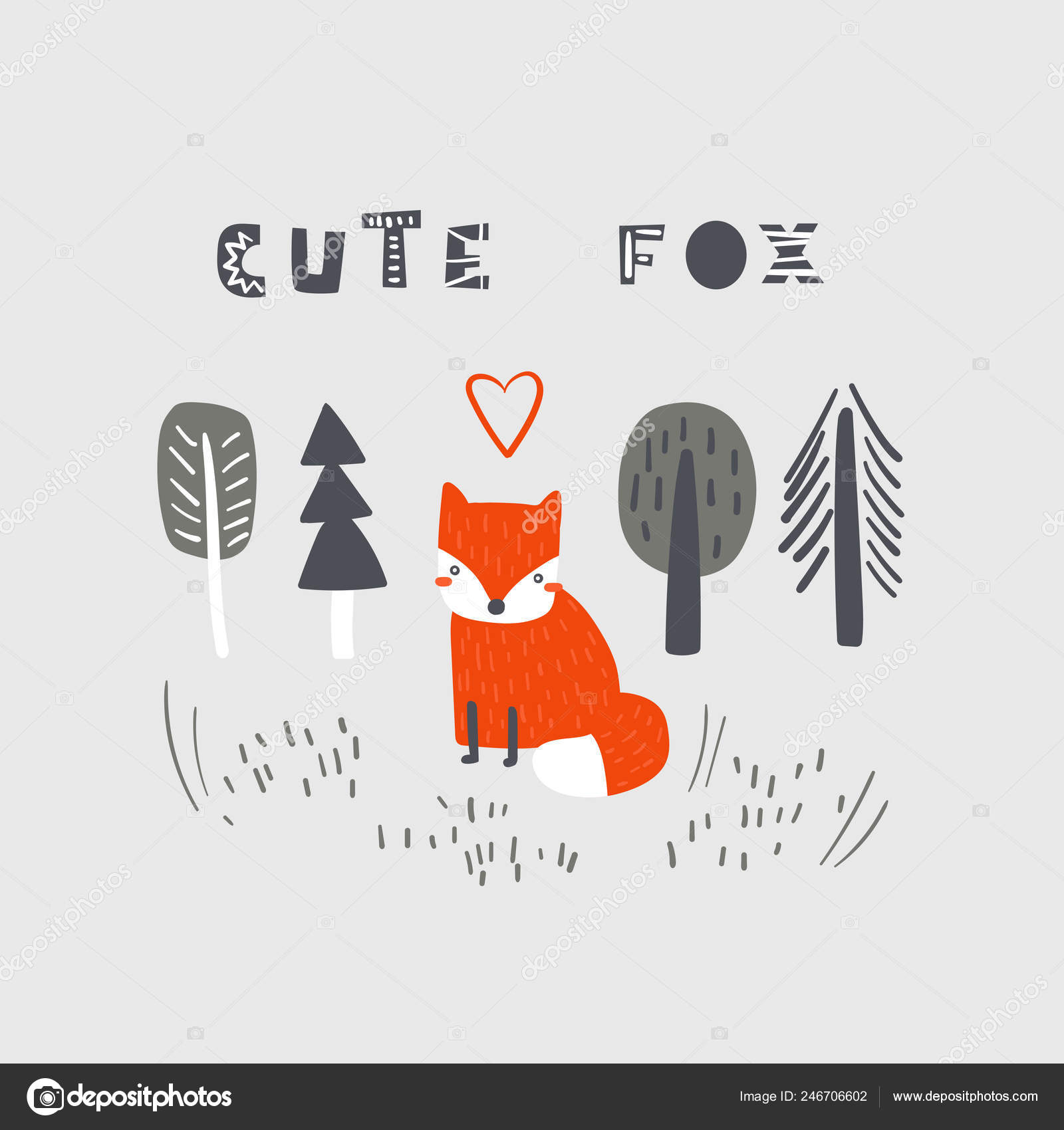 Cute Fox Kids Doodle Style Poster Card Print Postcard Forest Stock ...
