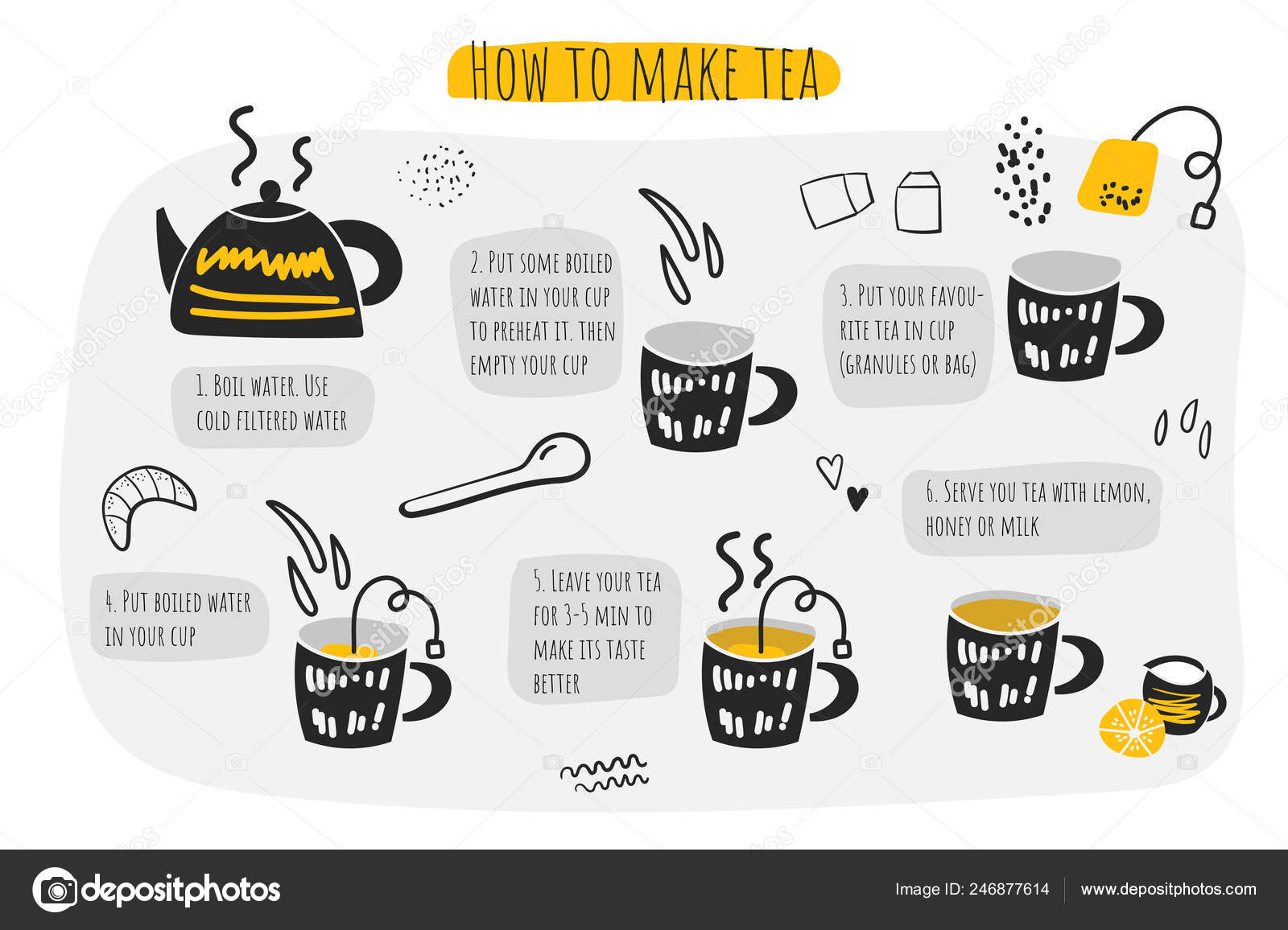 How Make Tea Infographic Instructions Steps Advises Doodle Hand Drawn ...