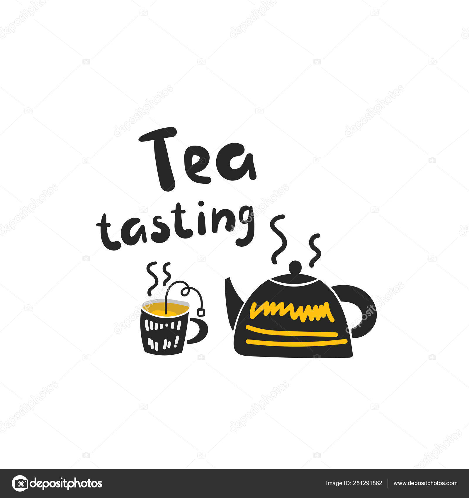 Tea tasting illustration with cup of tea, boiling kettle. Traditional ...