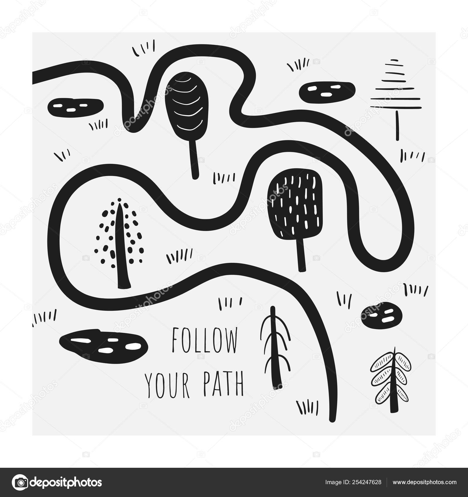 Follow your path motivational card, postcard with trees, road, lakes ...