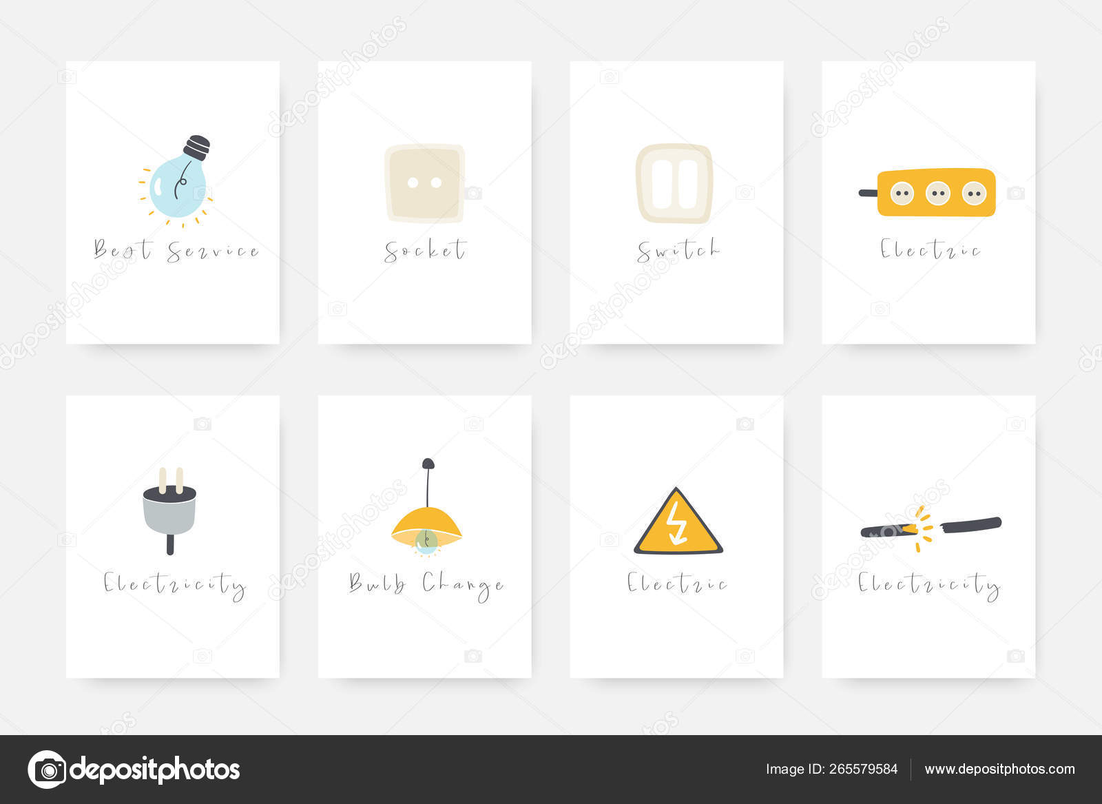 Electricity object collection including electric bulb, light switch ...