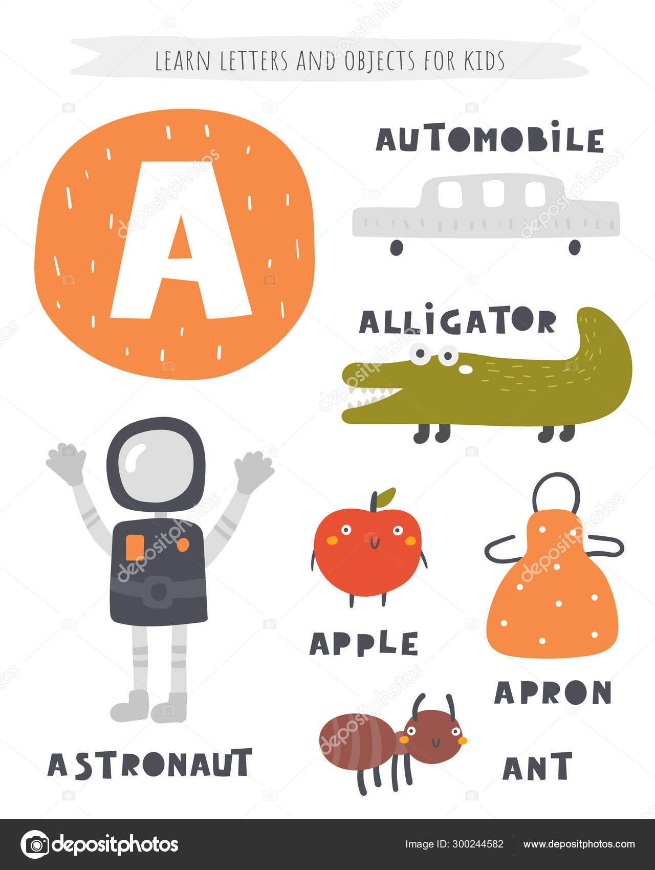 A letter objects and animals including astronaut, alligator, apple ...