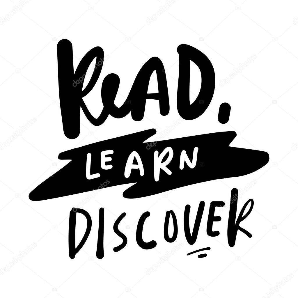 Leer, aprender, descubrir. Letras manuales ilustración sobre el libro ...