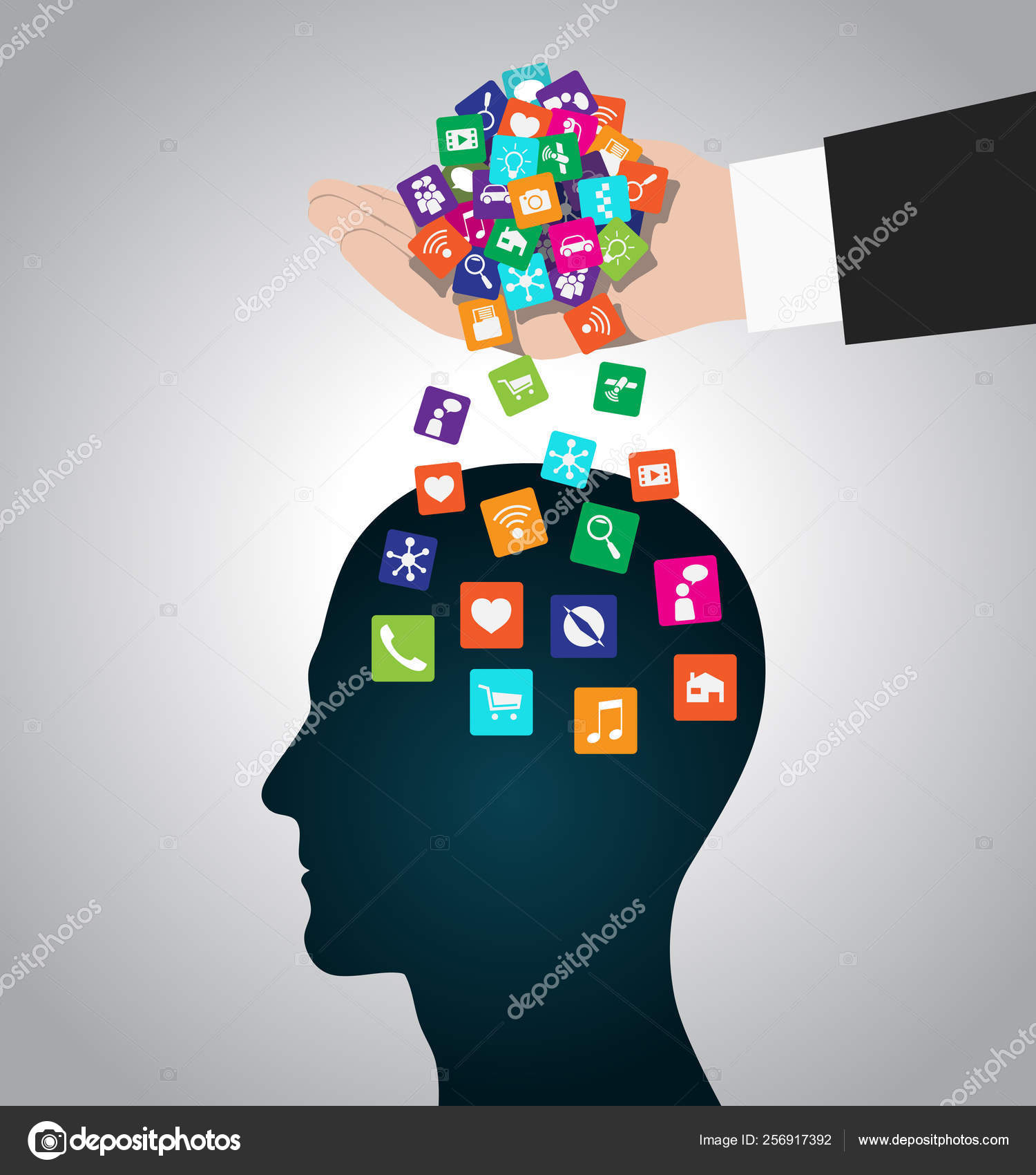 Hand loads icons head. Mobile apps installed into the brain, replacing ...