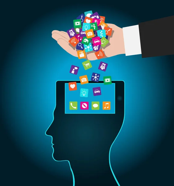 Hand loads icons head. Mobile apps installed into the brain, replacing ...
