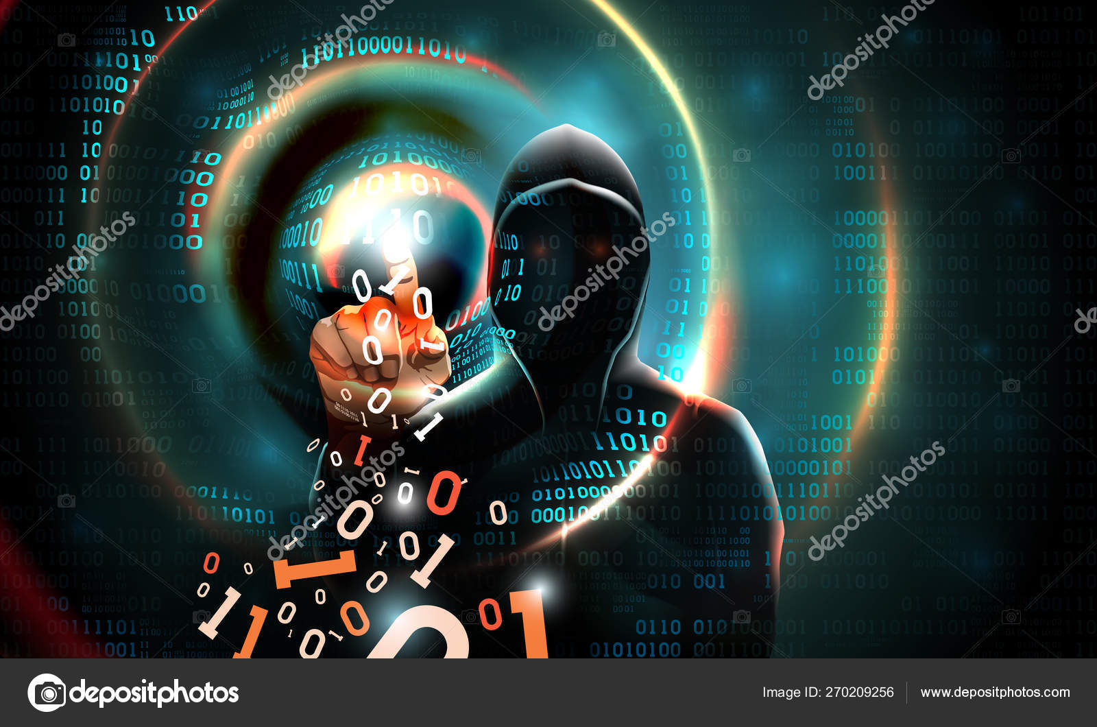 Computer Hacker With A Hood Touches The Touch Screen Binary Code Light Waves On Abstract Binary 7325