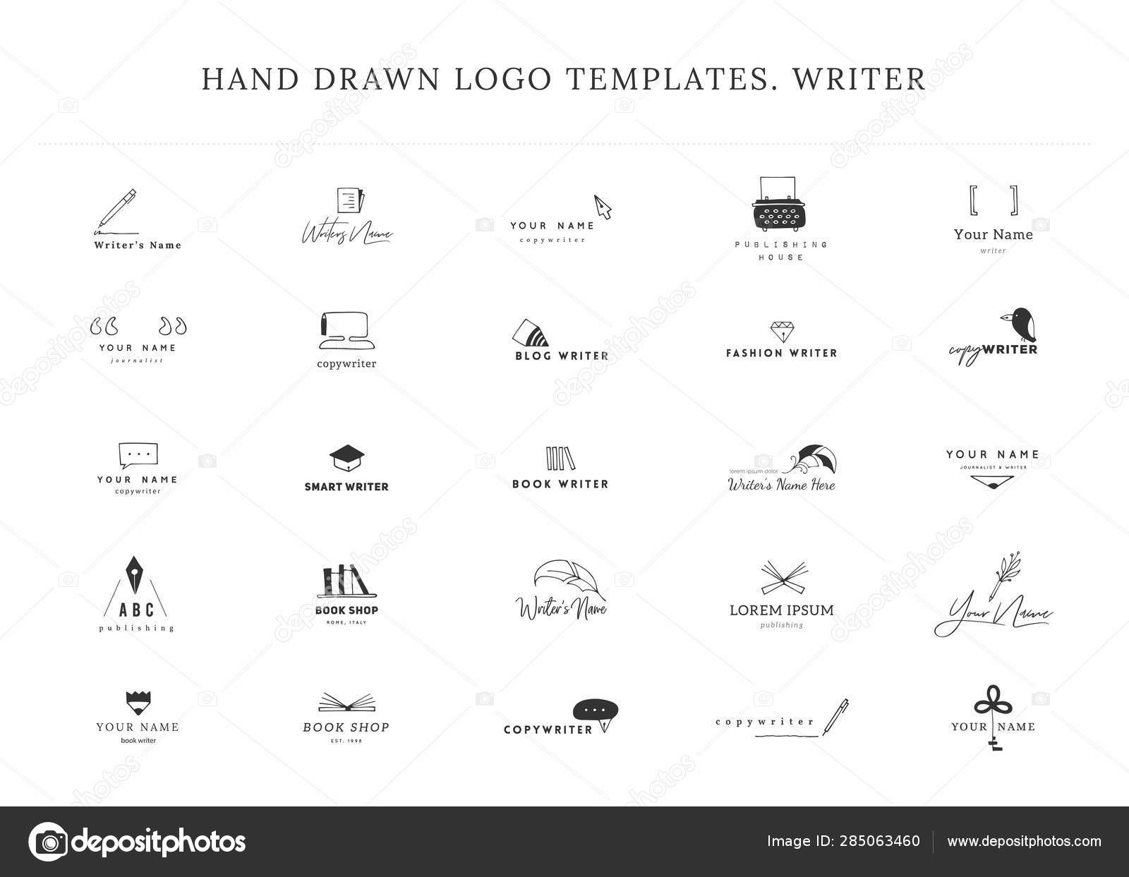 Writing, publishing and copywrite theme. Set of hand drawn vector logo ...