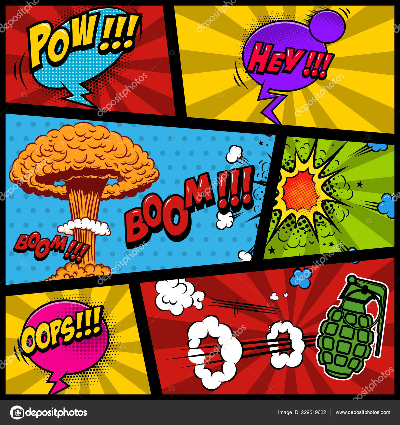 Comic Page Mockup Color Background Bomb Dynamite Explosions Design ...