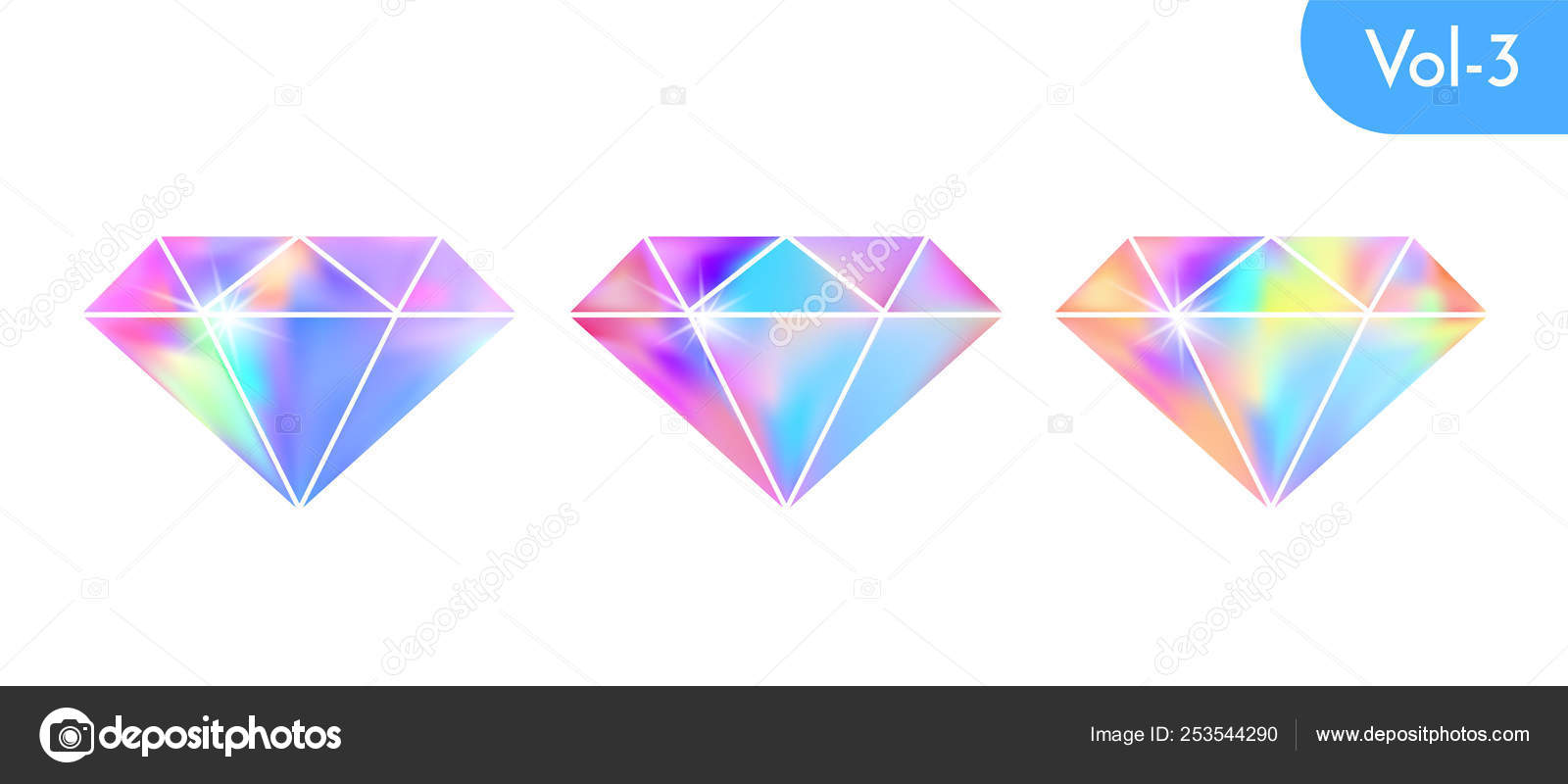 Modern holographic diamond set isolated on white background. Stock ...