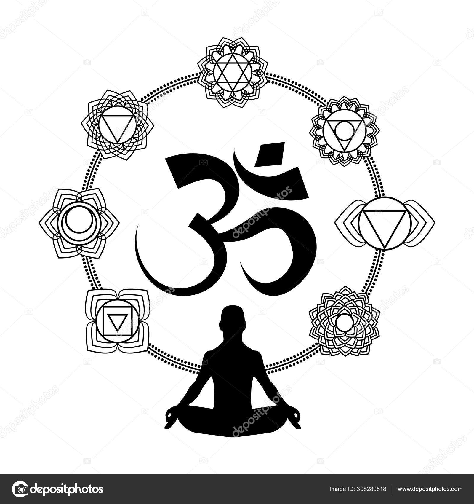 Silhouette of man with symbols of chakra. Vector symbol ohm Stock ...