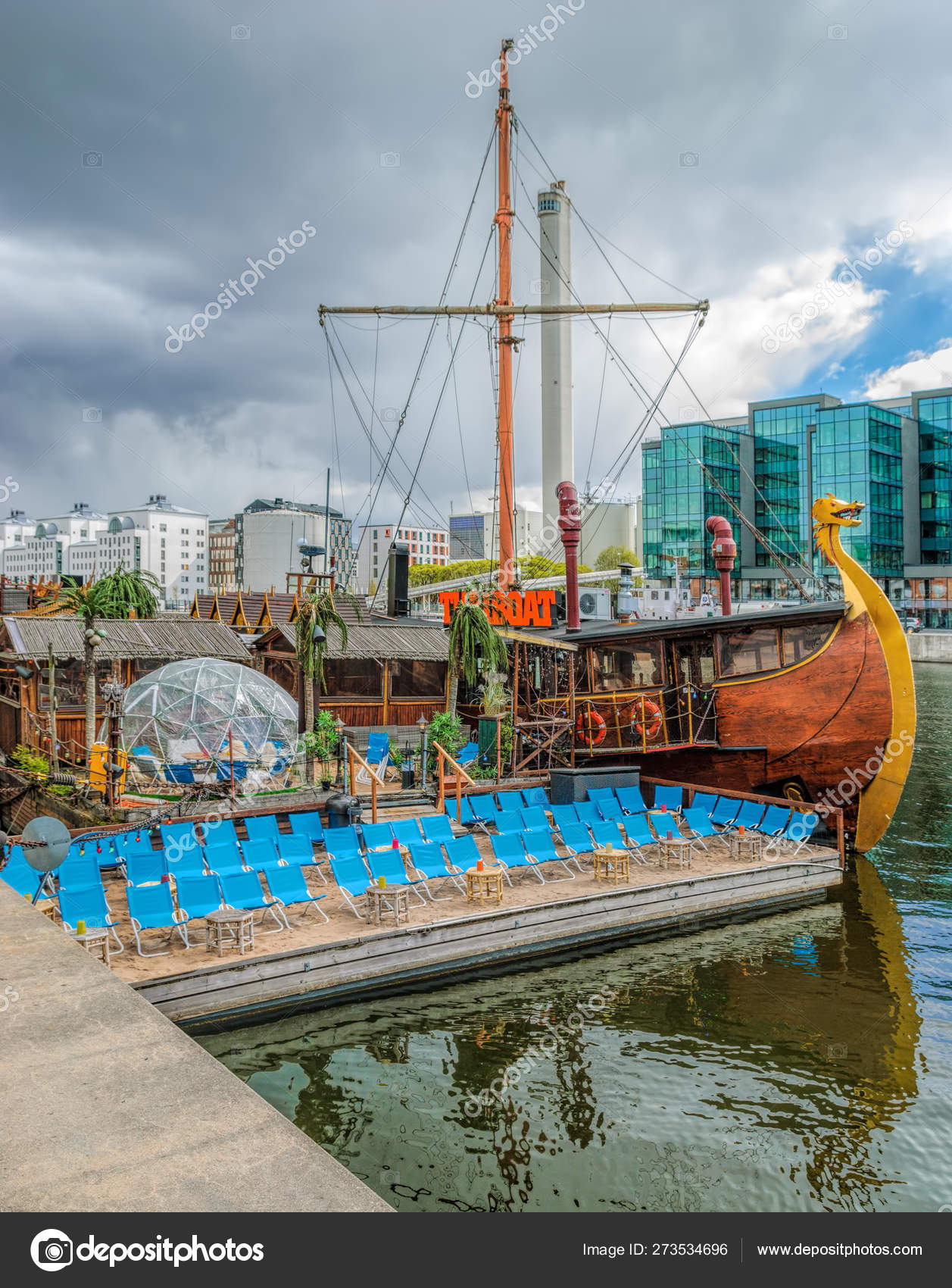 Floating thai restaurant THAIBOAT ih shape of vintage viking ship with ...