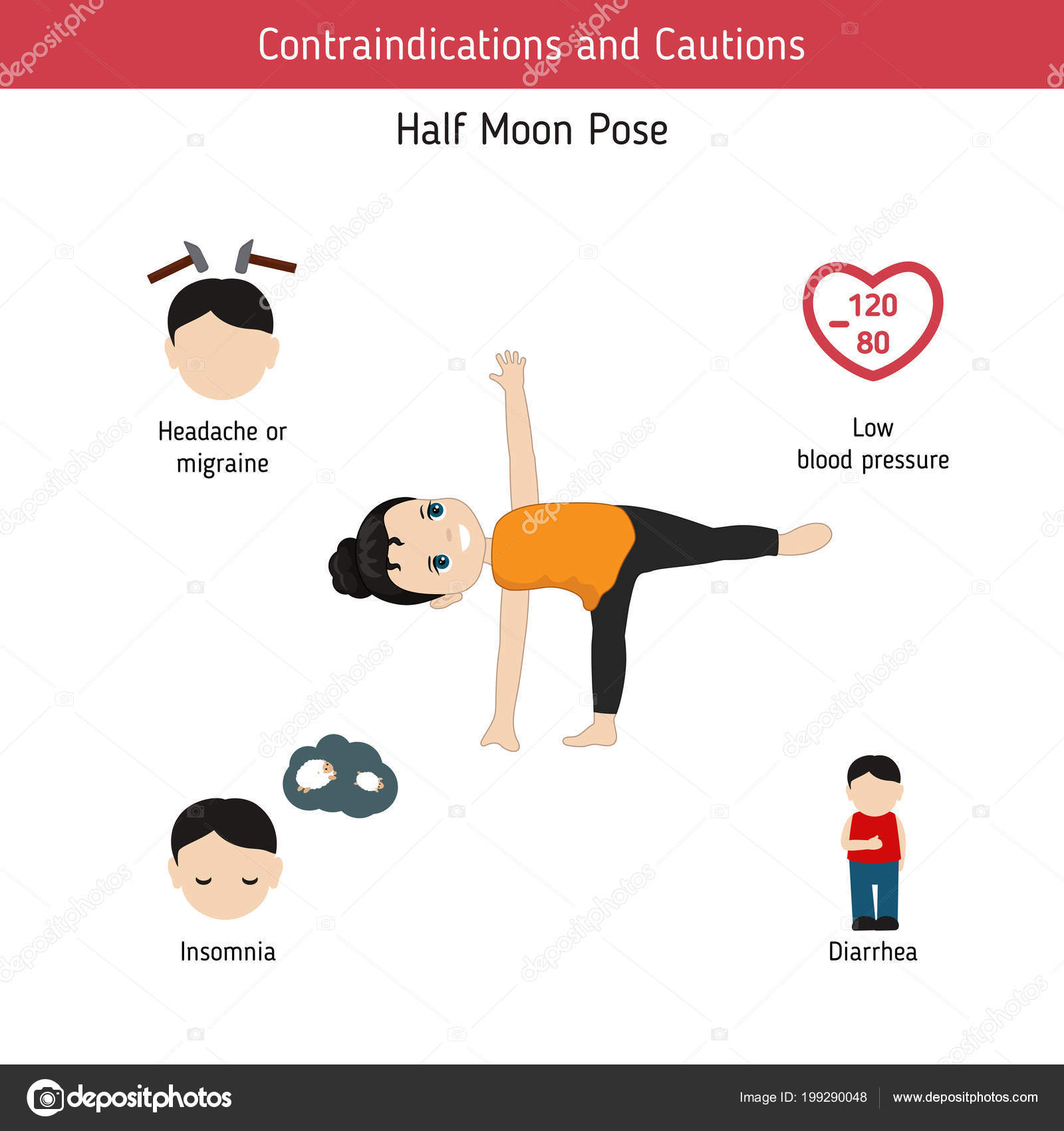 Infographics Yoga Pose Contraindications Half Moon Yoga Pose Cartoon ...