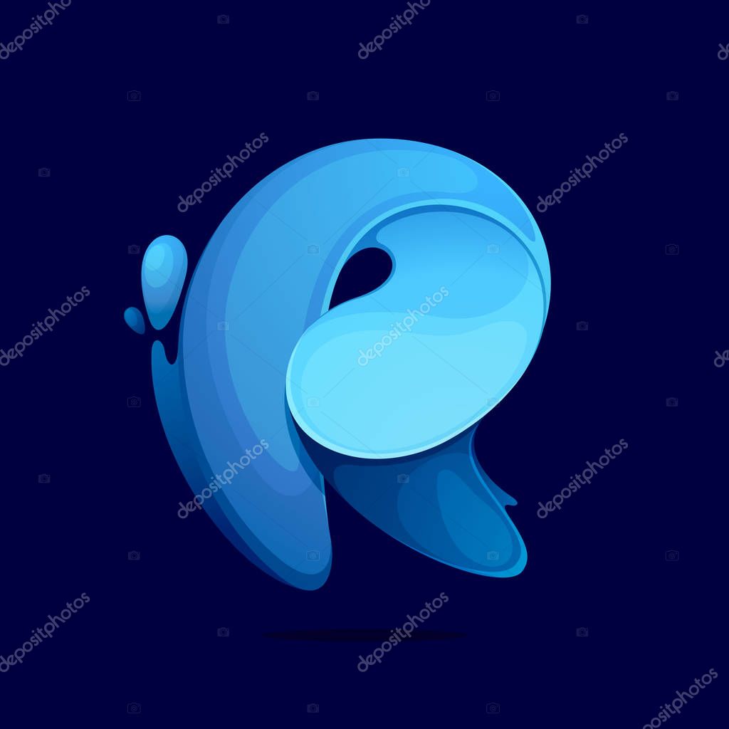 R logo letra ecología estilizada con olas de agua y gotas de rocío. 2023