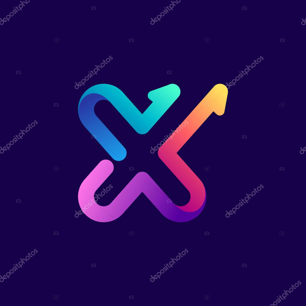 Logo de X letras con flechas. Fuente de degradado brillante vectorial ...