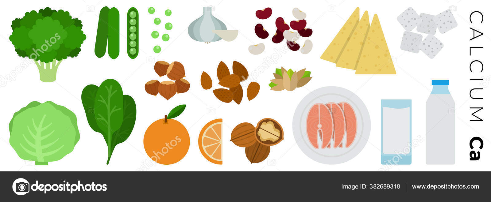 Vitamin Calcium foods vector flat icons set. Stock Vector Image by ...