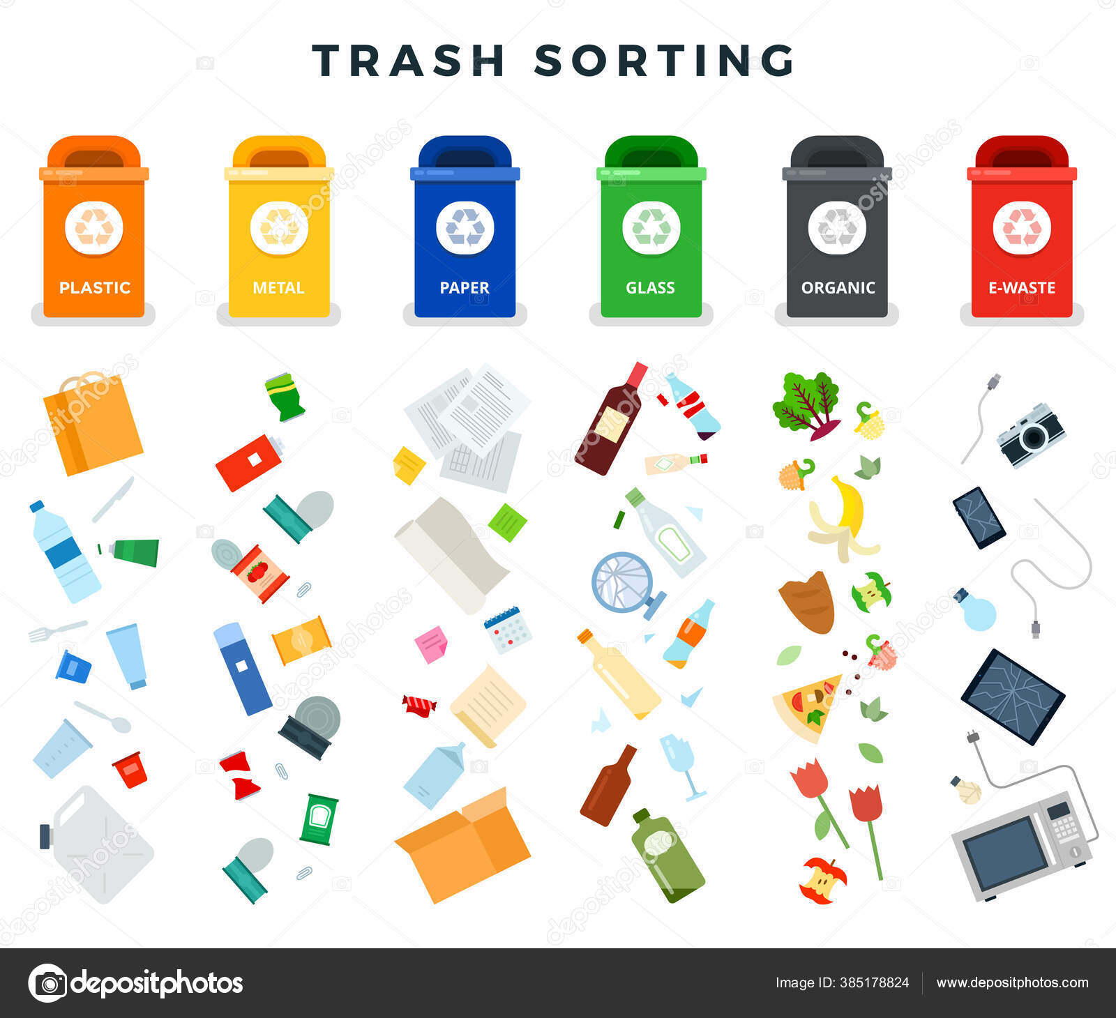 Garbage cans with sorted garbage. Ecology and Sorting garbage flat ...