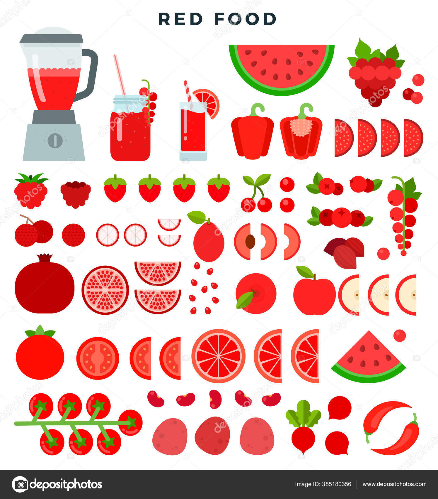 Image vectorielle Collection d'aliments rouges légumes, fruits et jus ...