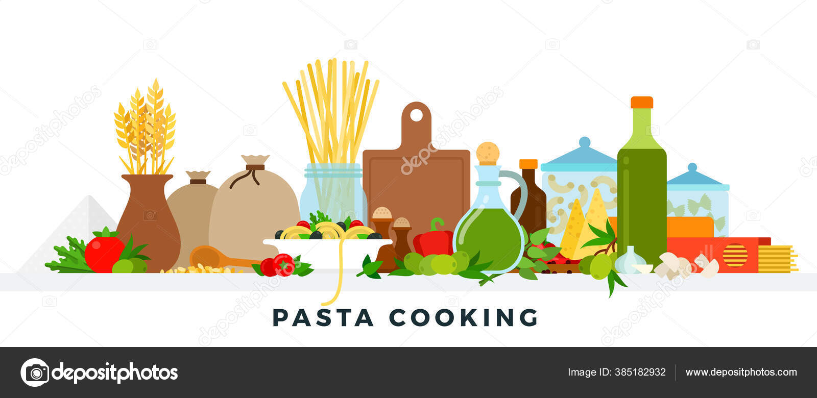 Pasta cooking. Vector flat illustrations. Products for cooking pasta ...