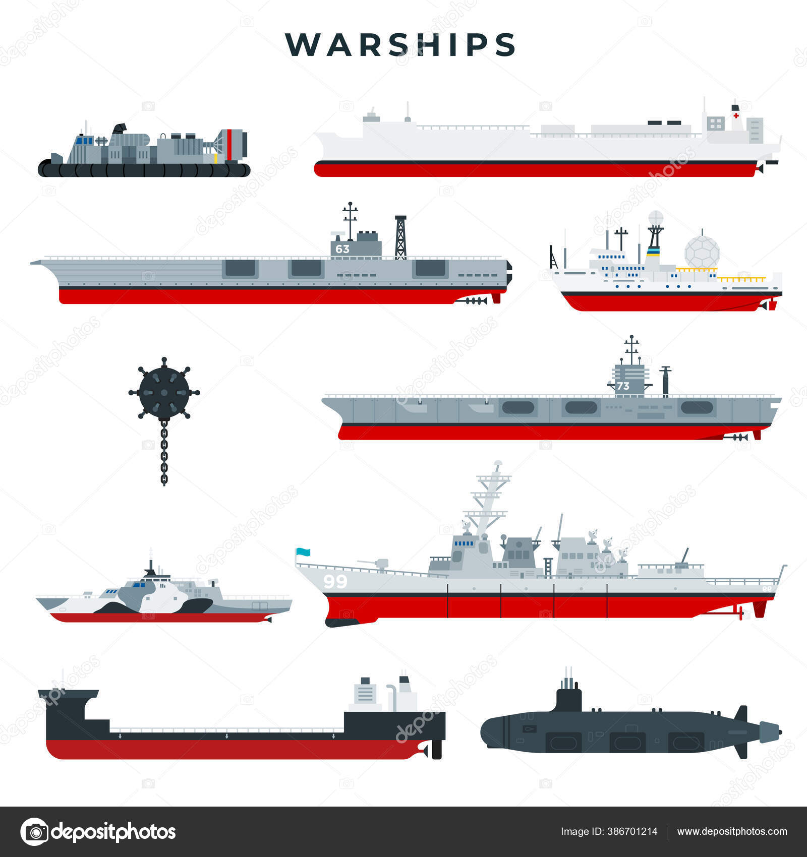 Navios de guerra de diferentes tipos, prontos. Barcos militares, vista ...