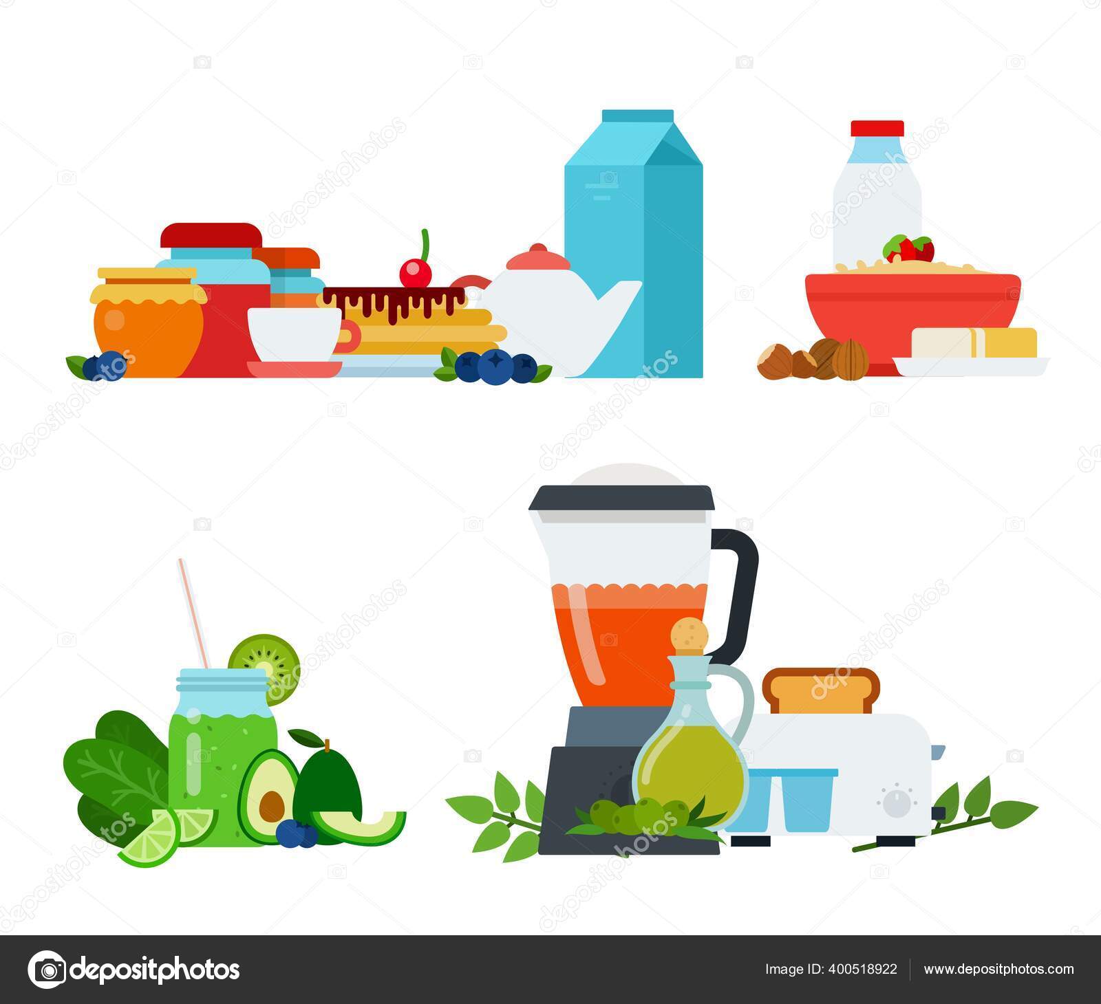 Sets of healthy breakfasts from different dishes and products vector icon flat isolated ...