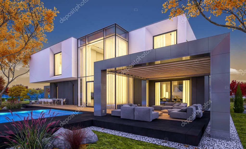 3d representación de casa acogedora moderna en el jardín con garaje en ...