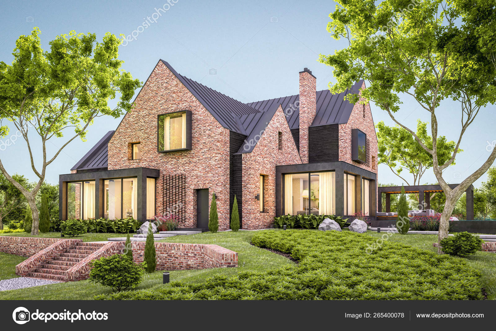 3d rendering of modern clinker house on the ponds with pool in e Stock ...