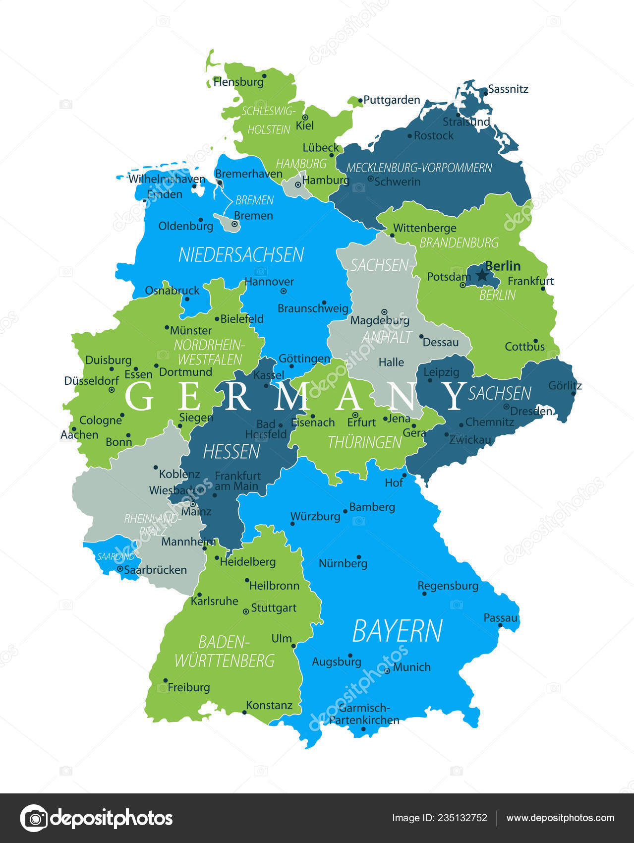 Deutschlandkarte Blau Grün Grau Isoliert Auf Weiß Detaillierte ...