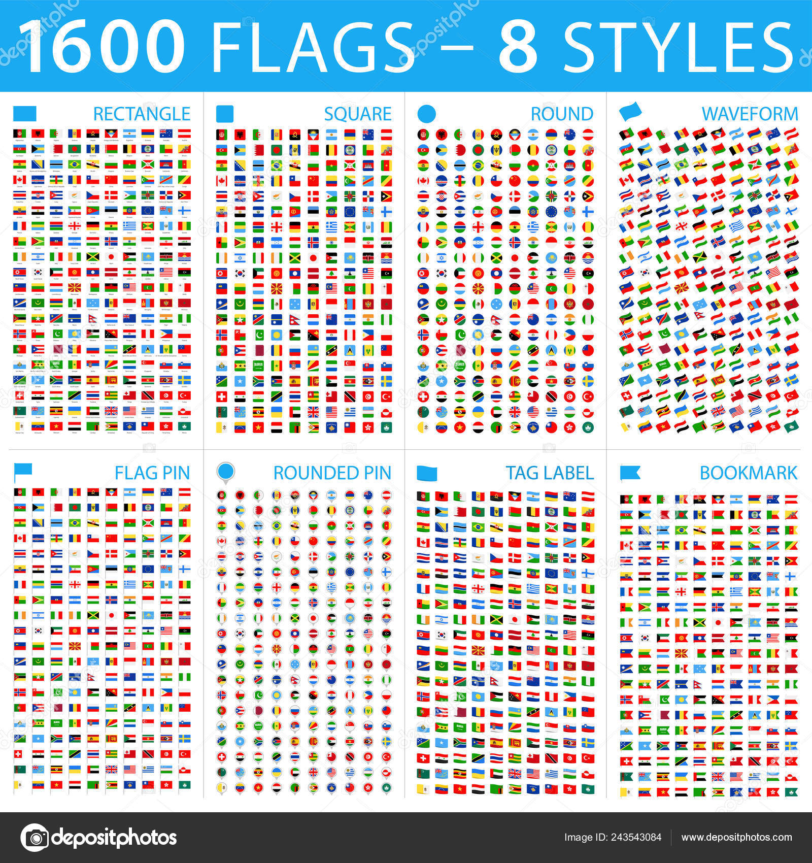 All World Flags Big Set Different Styles Vector Flat Icons — Stock ...