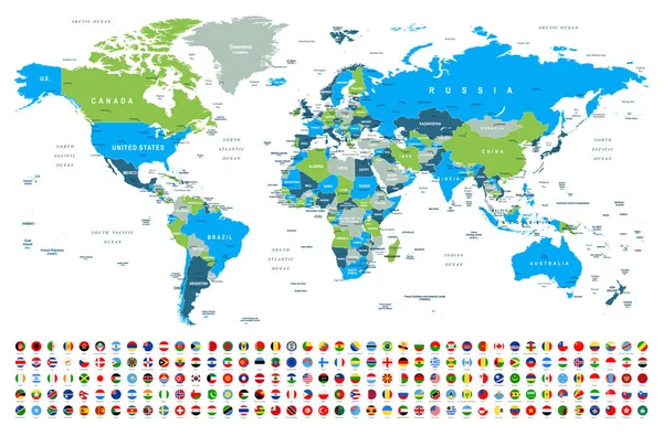 Colored political World Map with round flat icons and globes — Stock ...