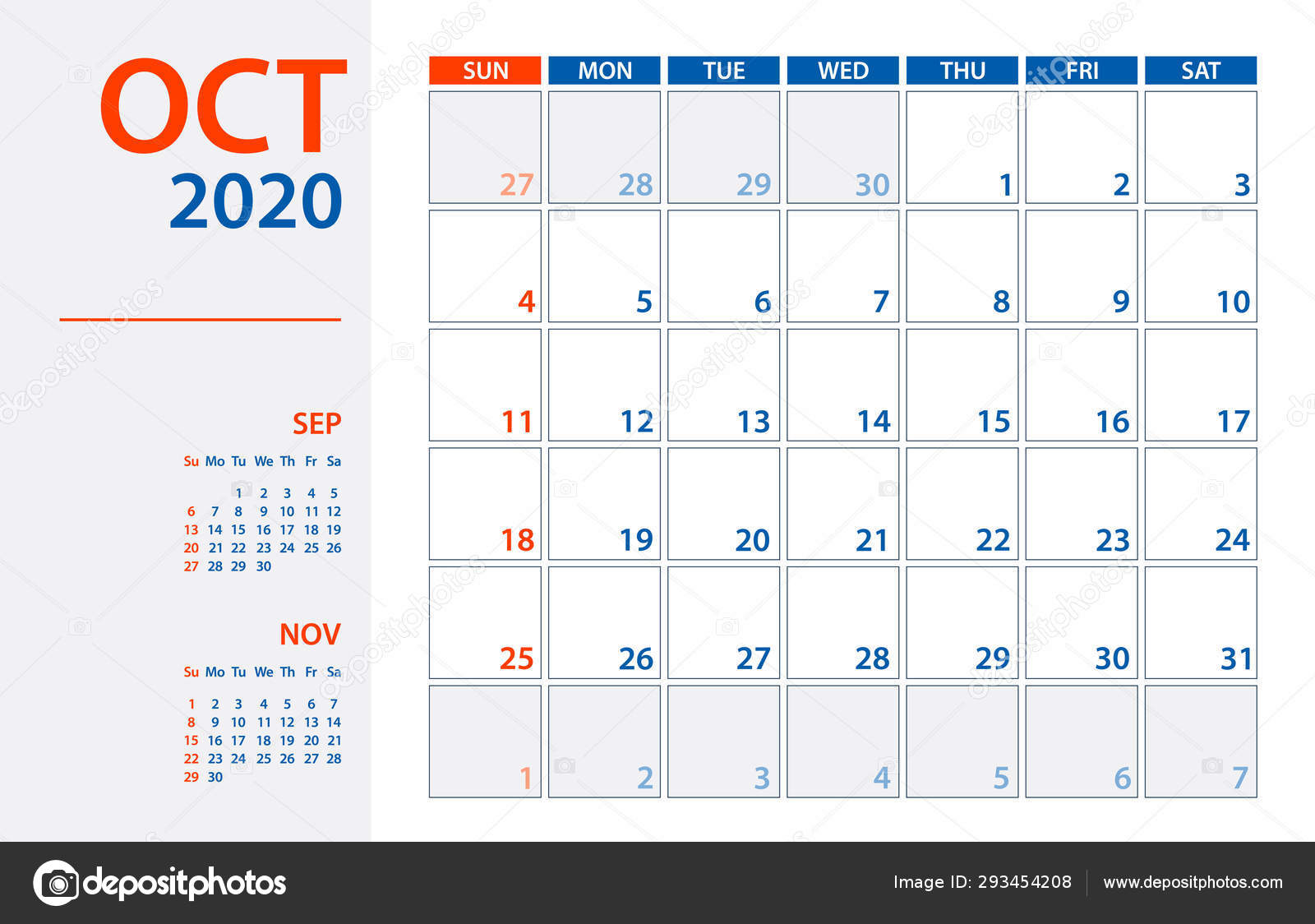 October 2020 Calendar Planner - vector illustration. Template. Mock up ...