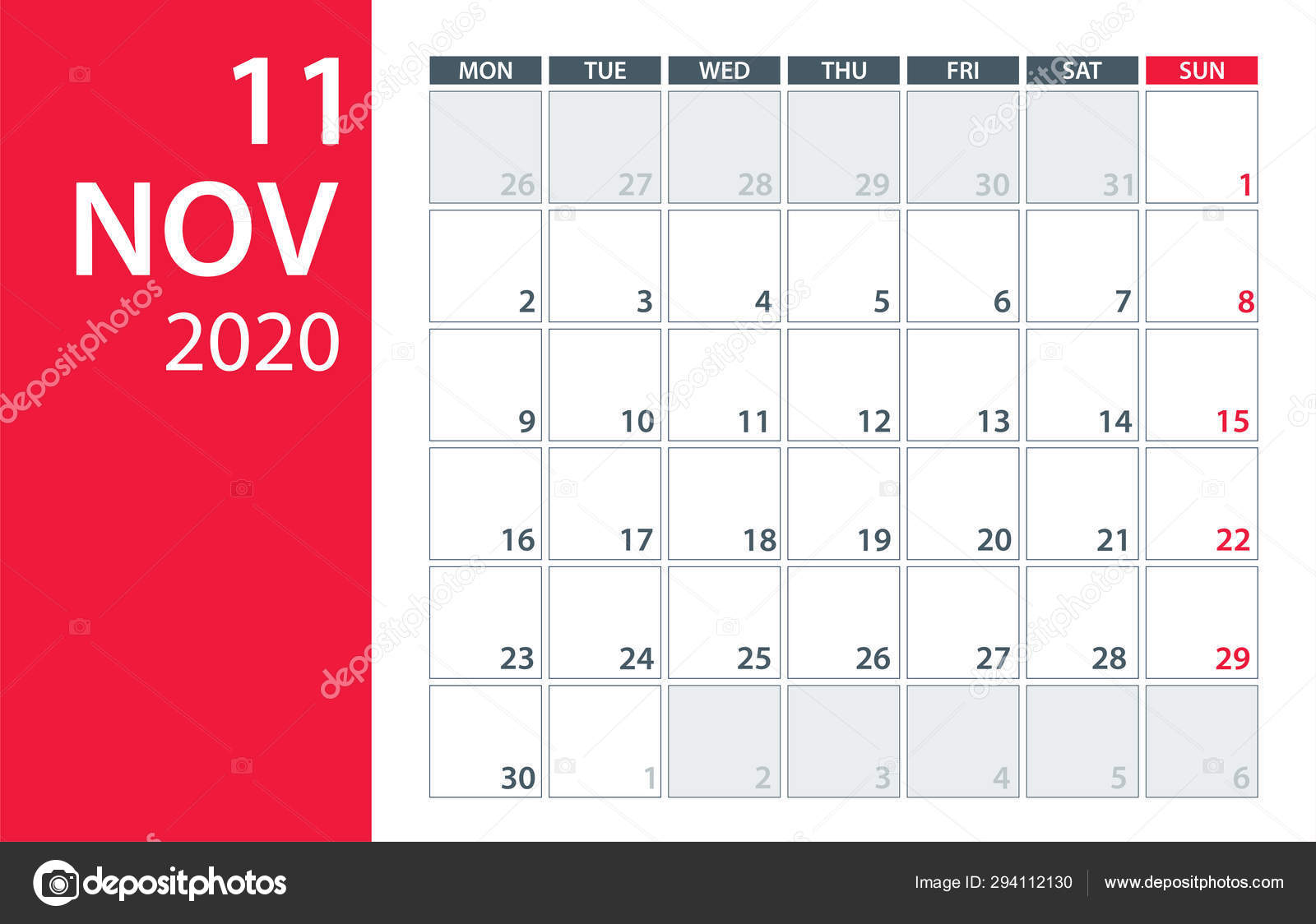 November 2020 Calendar Planner - vector illustration. Template. Mock up ...