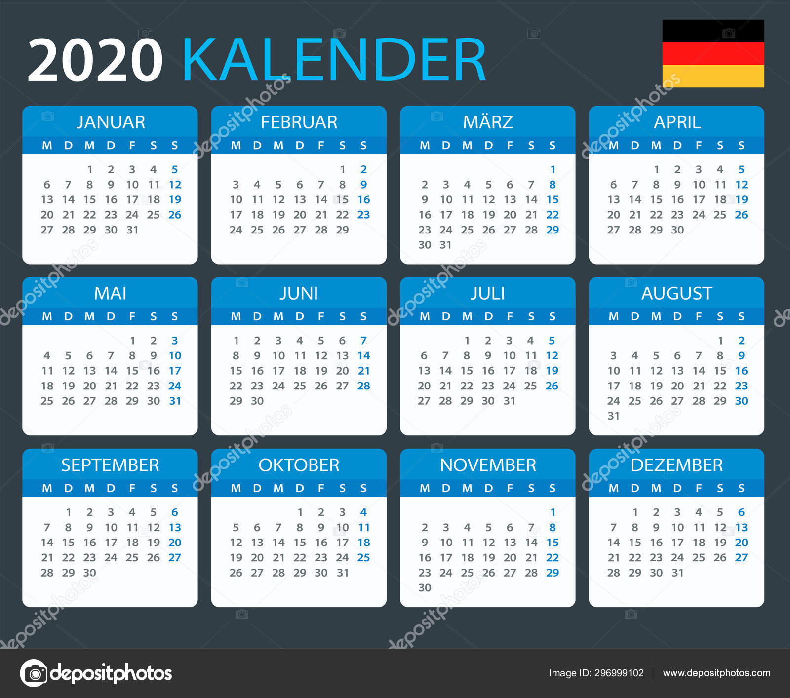 Kalender 2020 - Ilustrasi vektor Vektor Stok oleh ©dikobrazik 296999102