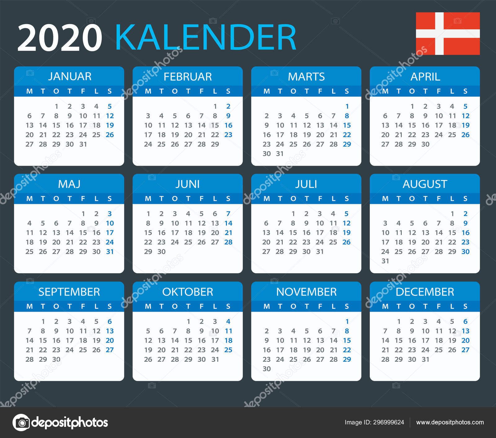 2020 Calendar Danish - vector illustration Stock Vector Image by ...
