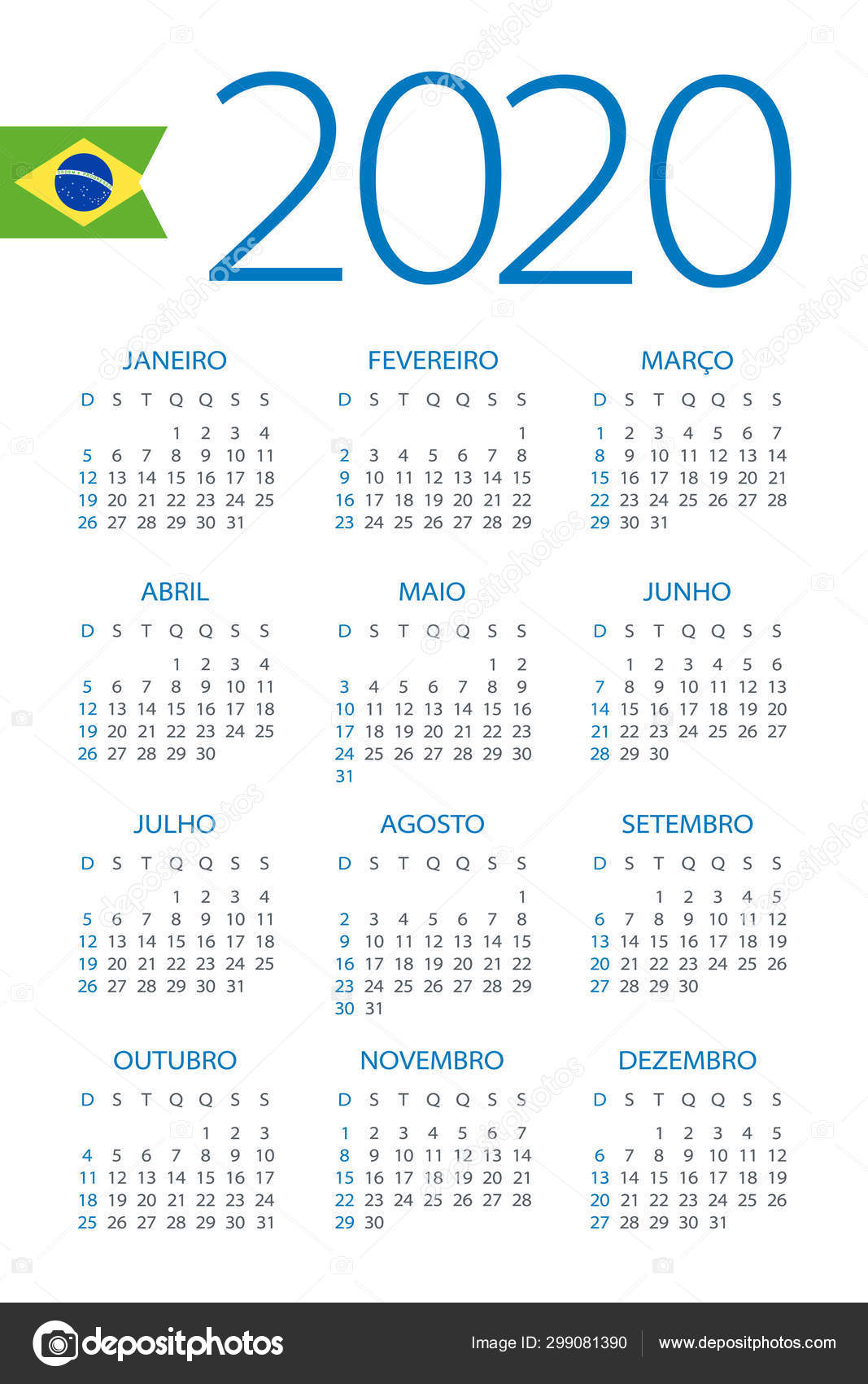 Calendar 2020 - illustration. Brazilian version — Stock Vector ...