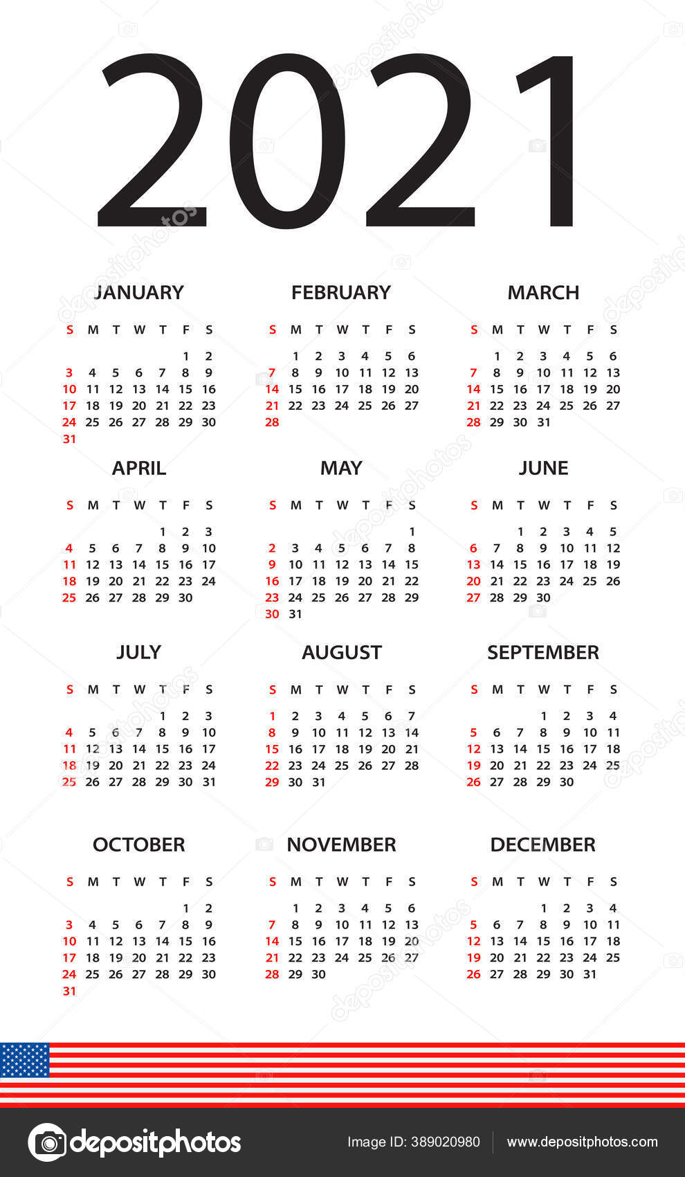 Calendário 2021 Ano Ilustração Vetorial Versão Americana Semana Começa ...