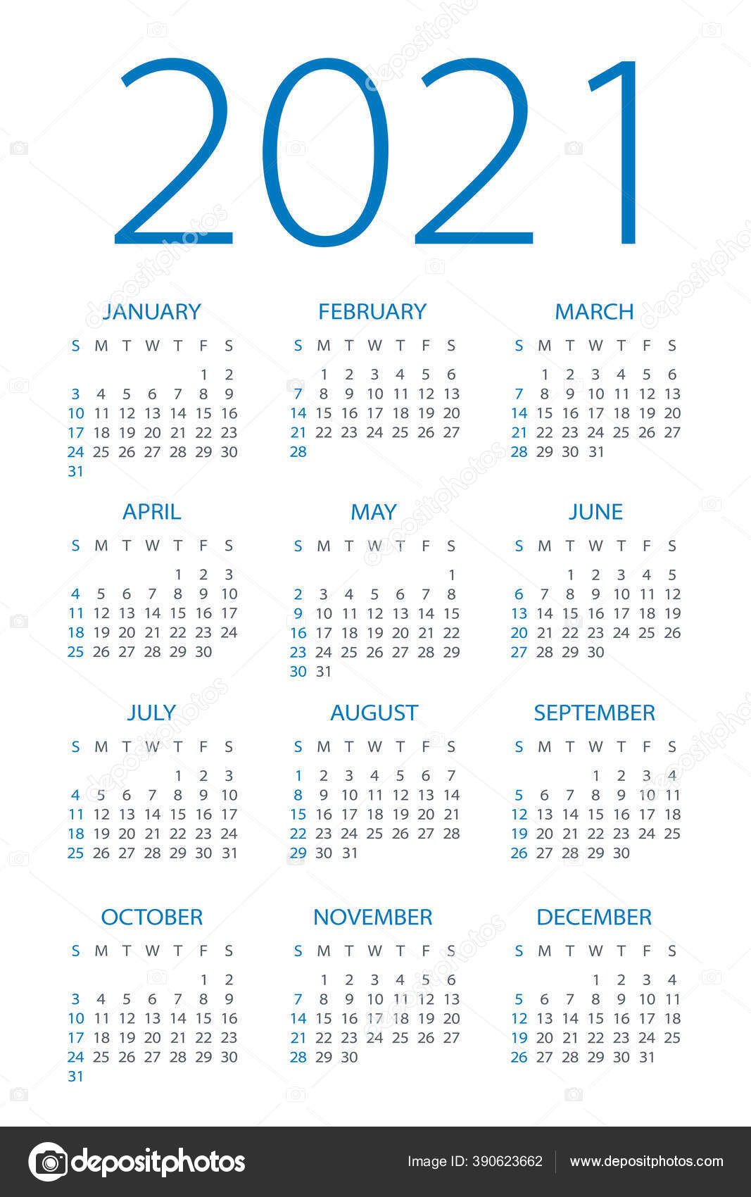 Calendar 2021 Year Vector Illustration Week Starts Sunday Stock Vector ...